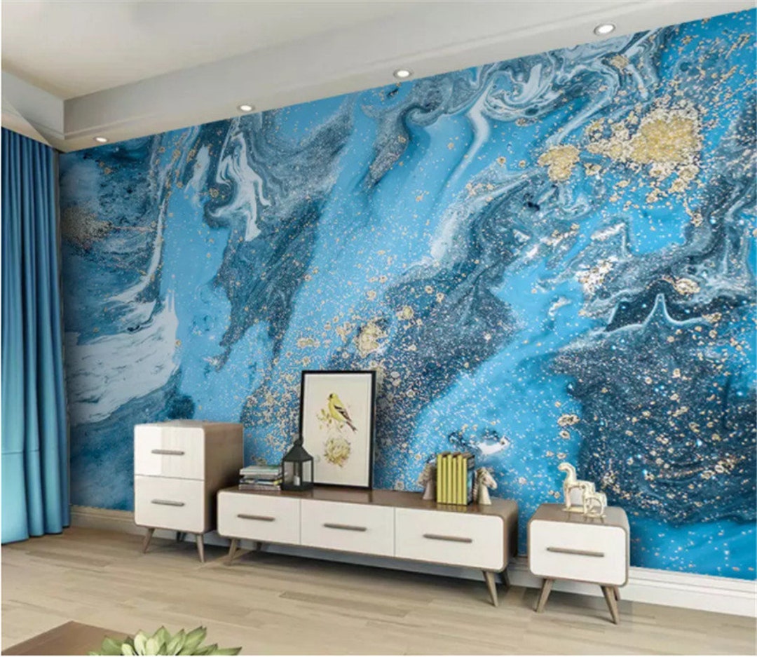 Modern Wallpaper Blue Abstract Marble Textured Mural Wallpaper - Etsy