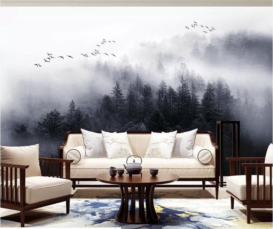 Misty Forest Scene Mural, Mountain Forests Mural, Forest Haze Wallpaper ...