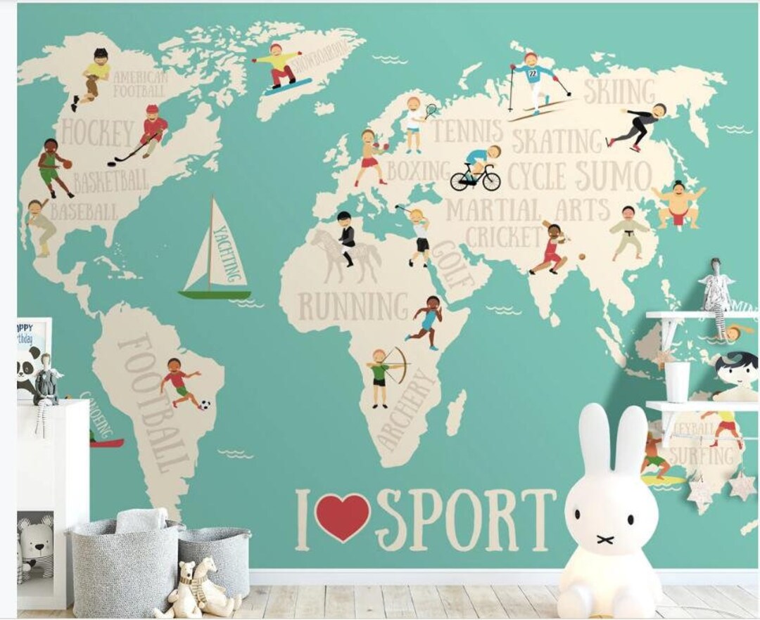 Safari Cartoon World Map Nursery Wallpaper World Map I Love - Etsy