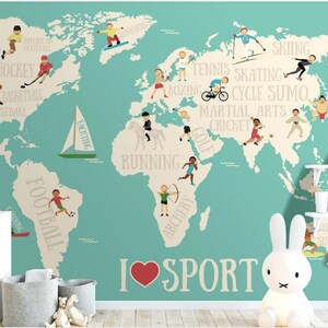 Safari Cartoon World Map Nursery Wallpaper World Map I Love - Etsy