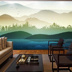 Ombre Mountains Trees Forest Mural Wallpaper Handpainted Pine - Etsy