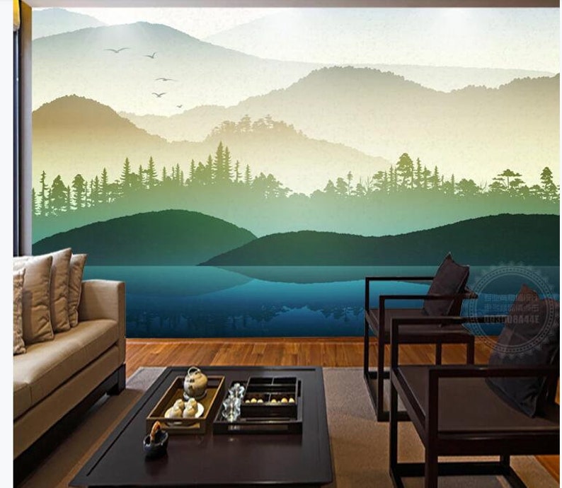 Ombre Mountains Trees Forest Mural Wallpaper Handpainted Pine - Etsy