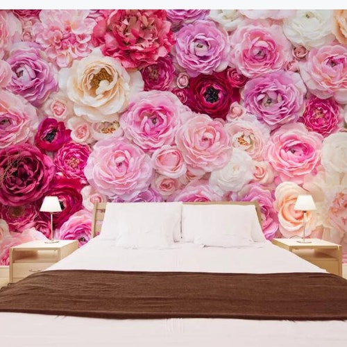 3D Pink Rose Floral Wallpaper Hand Painted Big Rose Floral - Etsy