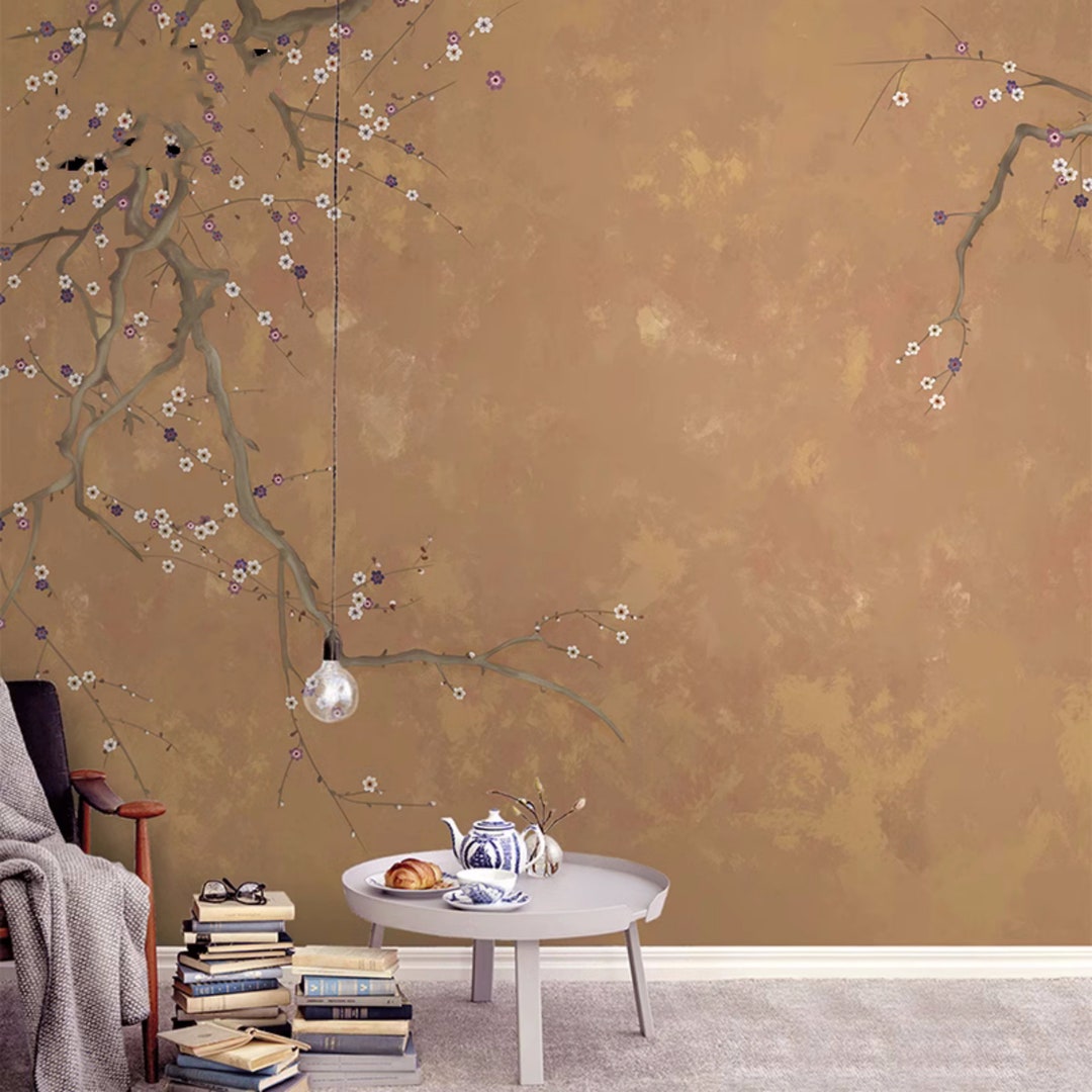 Chinoiserie Yellow Background Haning Cherry Blossom Flowers Floral ...