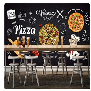 Black Hand Painted Pizza Shop Restaurant Menu Dining Room Wallpaper ...