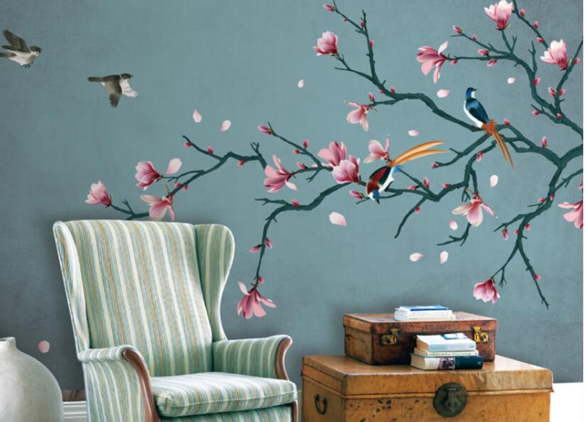 Chinoiserie Hanging Pink Plum Tree Wallpaper Flying Birds - Etsy