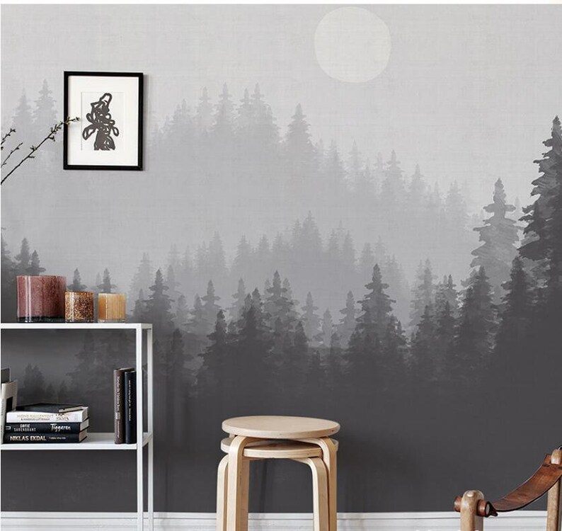 Grey Pine Trees Forest Wallpaper Wall Mural Home Decor - Etsy