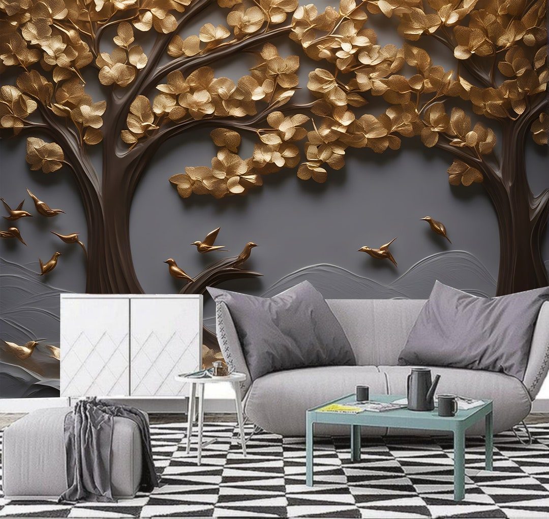 Abstract Huge Tree With Golden Leaves and Flying Birds Wallpaper Wall ...