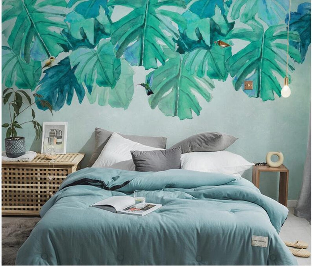 Watercolor Green Fresh Hanging Tropical Leaves Wallpaper Wall Mural ...