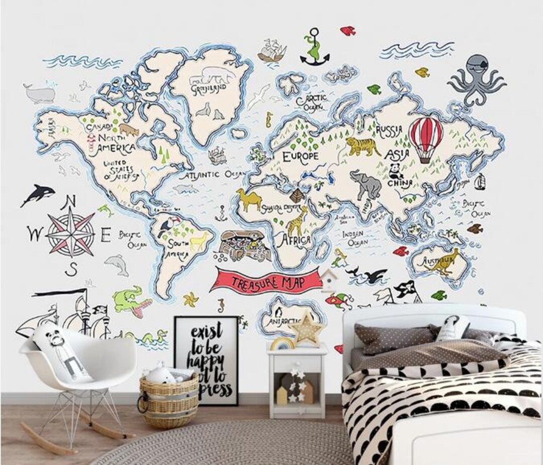 Cartoon World Map Nursery Wallpaper, Handpainted World Map Animals Baby ...