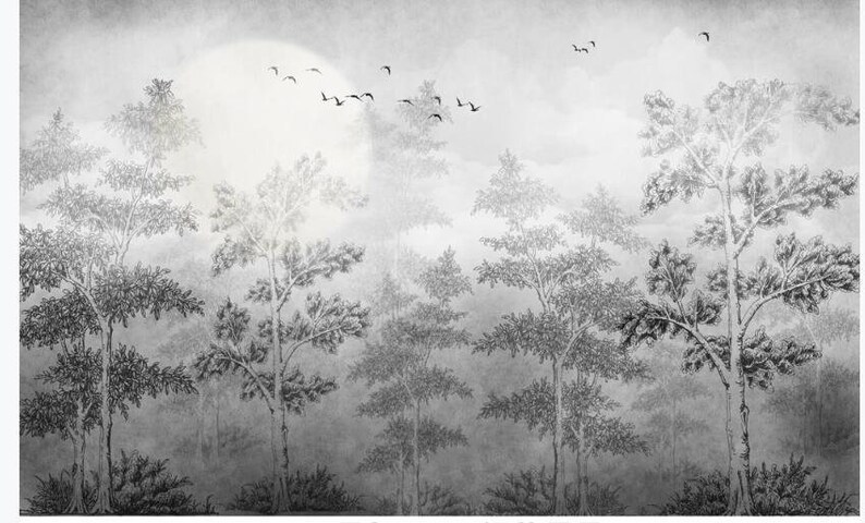 Grey Huge Trees Forest Wallpaper Handpainted Flying Birds and - Etsy