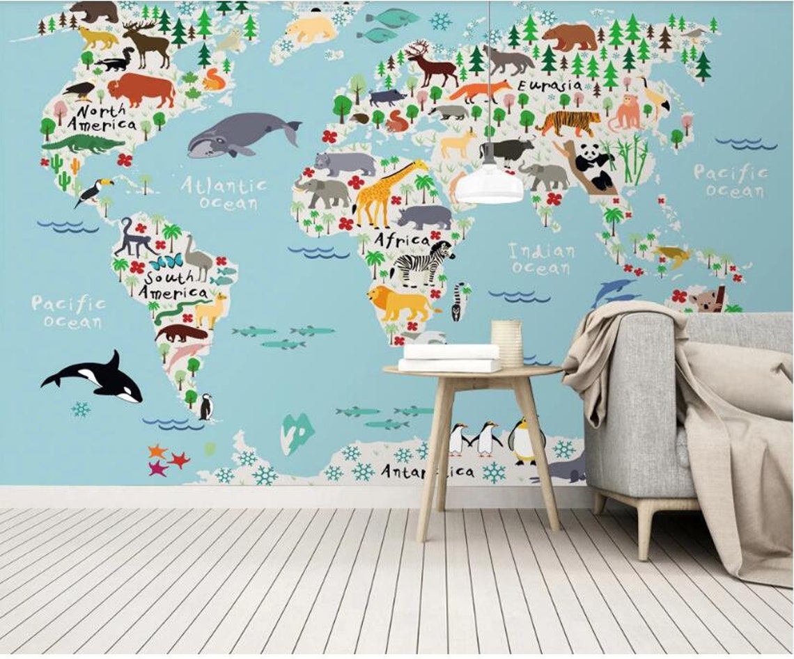 Safari Cartoon World Map Nursery Wallpaper World Map Cartoon | Etsy
