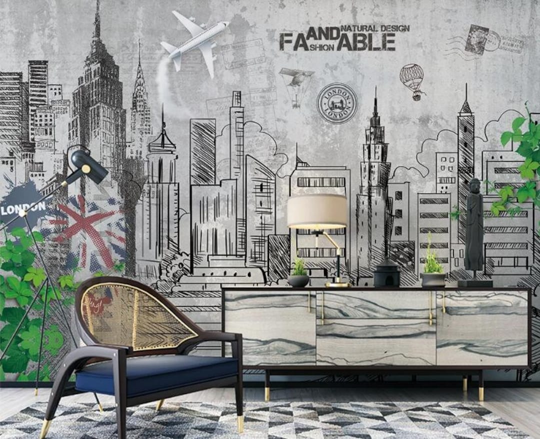 Hand Painted Sketch Buildings Wallpaper, Simple City Airplane and Retro ...