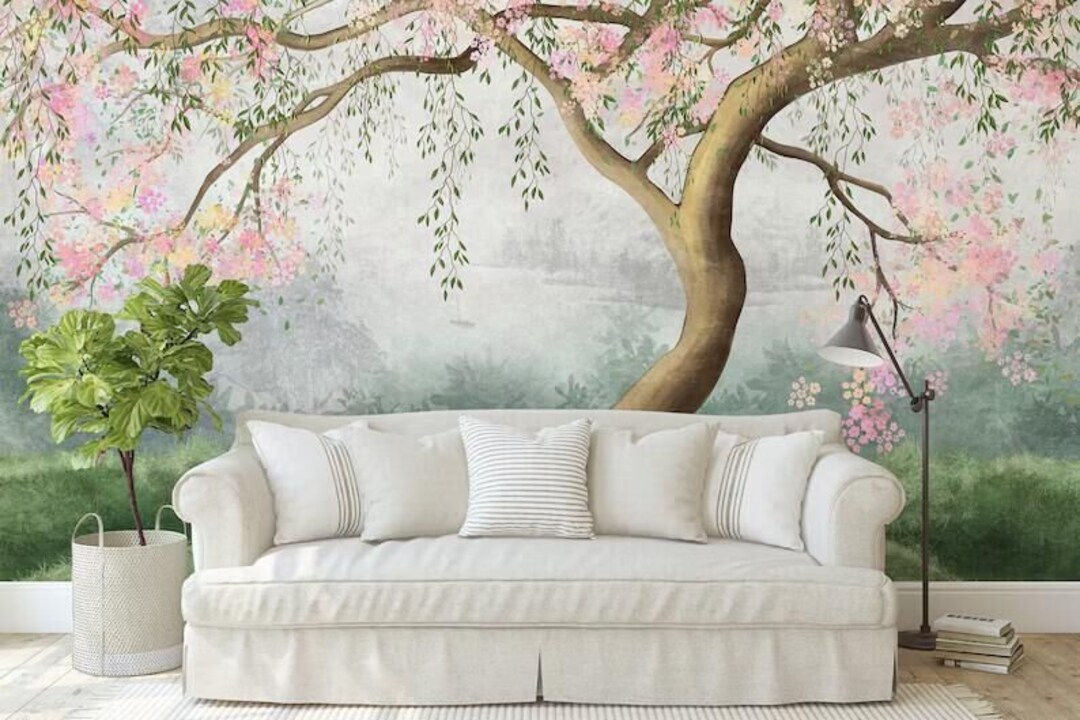 Chinoiserie Cherry Tree Wallpaper, Flowers Tree Wall Murals for Living ...