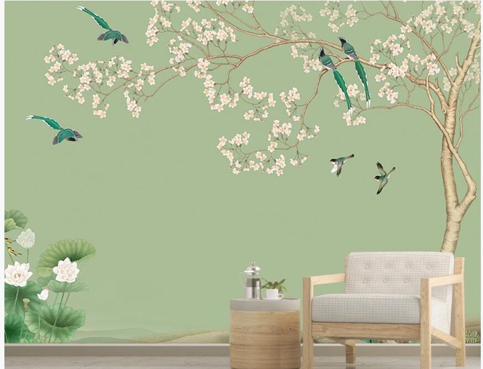 Chinoiserie Cherry Tree Wallpaper Flying Birds Home Decor - Etsy
