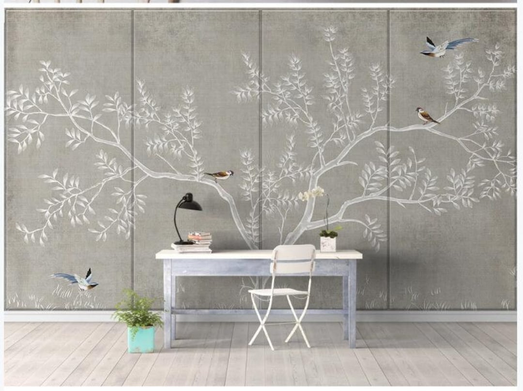 Chinoiserie Huge White Tree Wallpaper, Grey Background Flying Birds ...