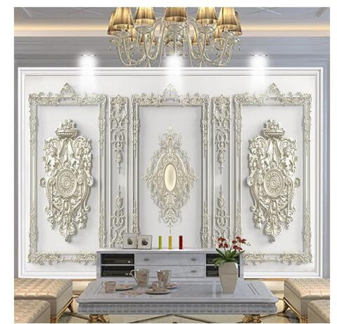 Custom Mural Wallpaper European Style 3D Silver Relief Living - Etsy