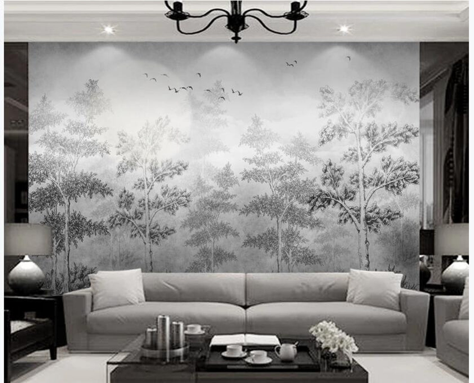 Grey Huge Trees Forest Wallpaper Handpainted Flying Birds and - Etsy