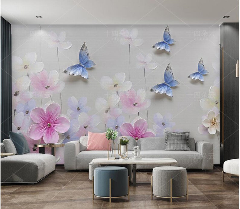 3D Flower and Butterflies Wallpaper Wall Mural Home Decor - Etsy