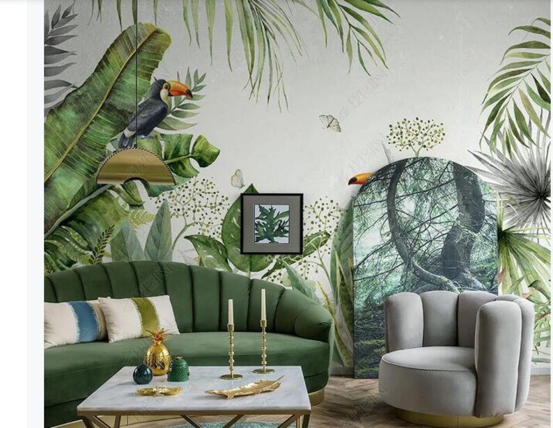 Tropical Plants Wallpaper Wall Mural Tropical Leaves and - Etsy