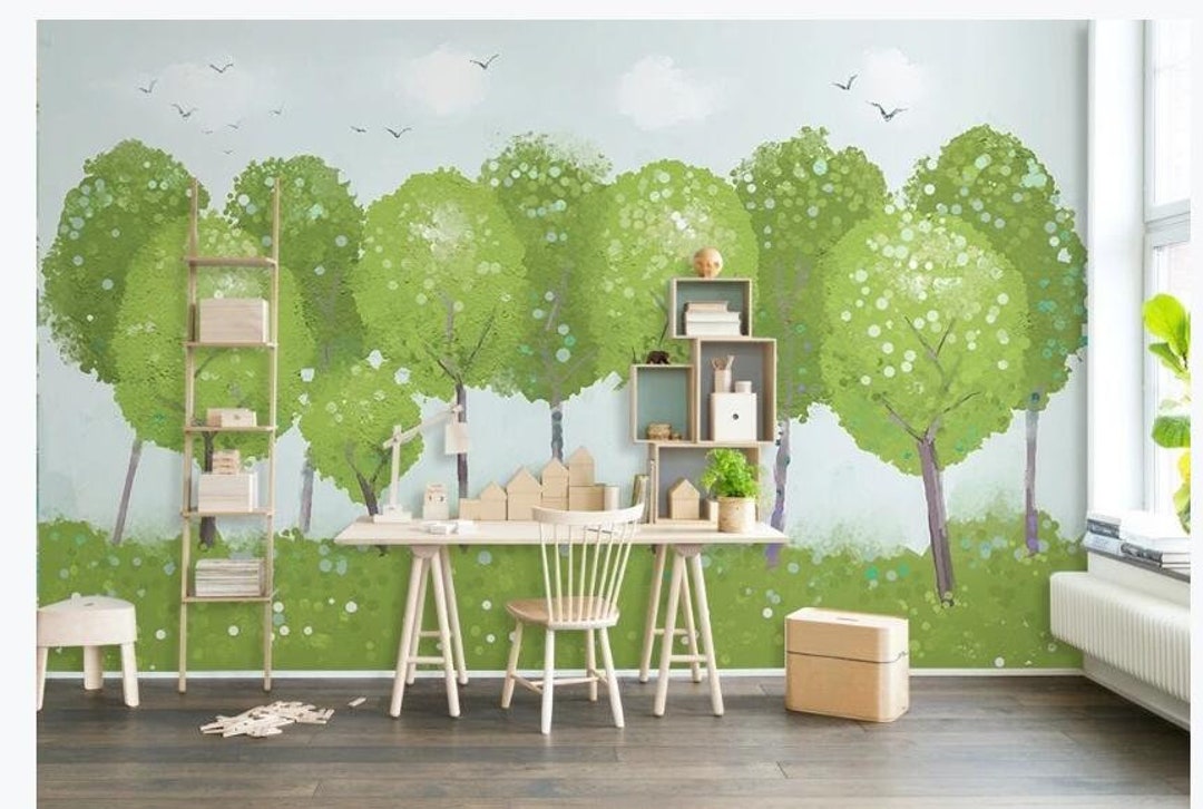 Hand Painted Trees Forest Nursery Wallpaper,flying Birds Green Grass ...
