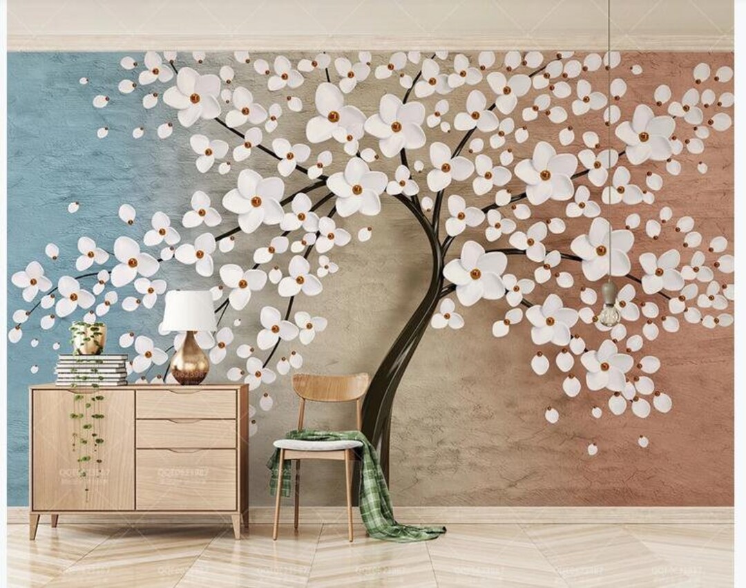 White Huge Tree Wallpaper, Embossed White Tree Flower Wall Murals Wall ...
