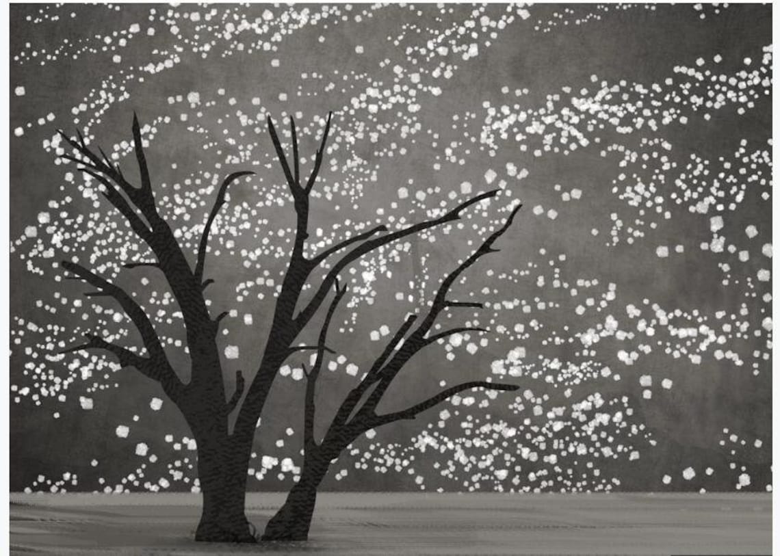 Grey Background Huge Tree Wallpaper Handpainted White Leaves - Etsy