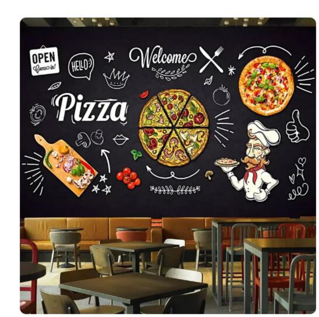Black Hand Painted Pizza Shop Restaurant Menu Dining Room Wallpaper ...