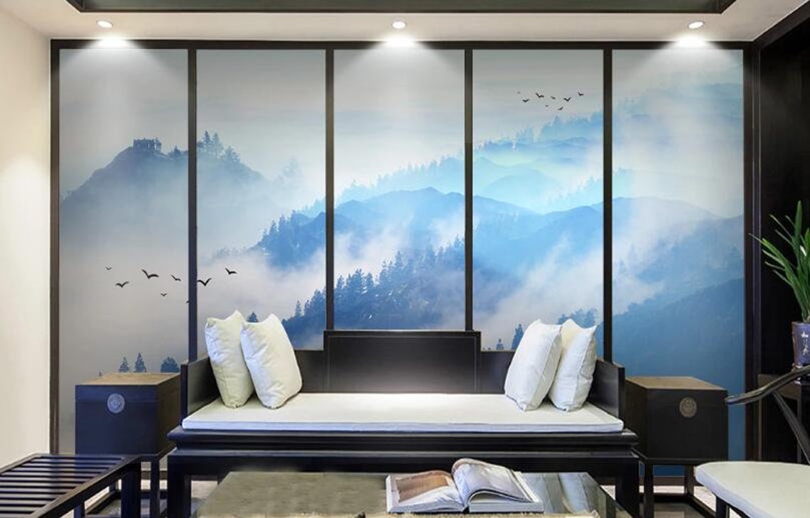 Blue Mountains With Trees Forest Mural Wallpaper Handpainted | Etsy