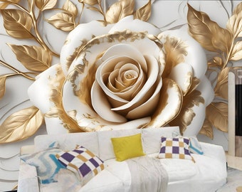 3D Gold Rose With Gold Leaves and Gold Flower Floral Wallpaper Wall Mural Wall Decor for Living Room Bedroom Dinning Room Etsy