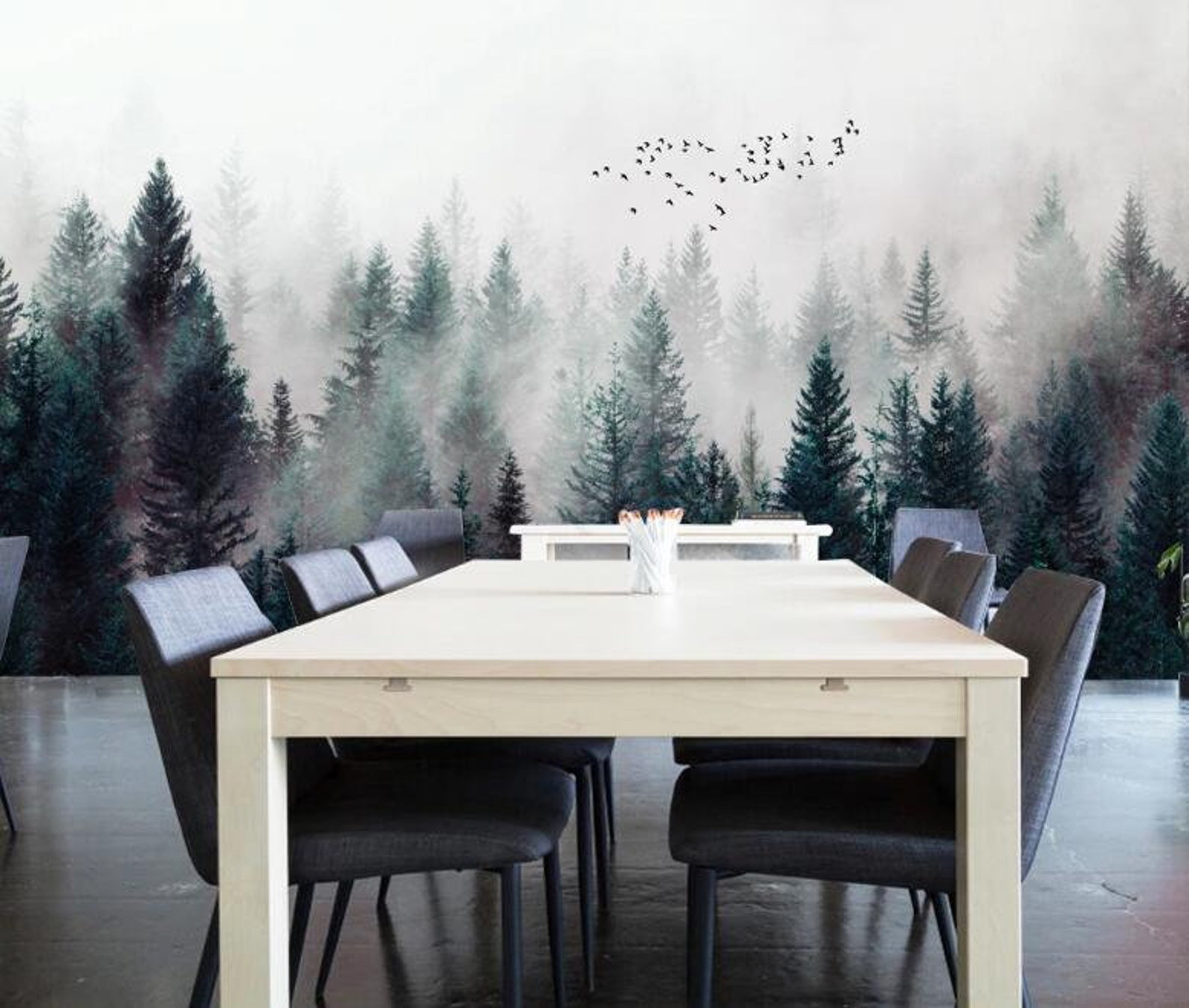 Misty Forest Scene Mural Mountain Forests Mural Forest Haze | Etsy