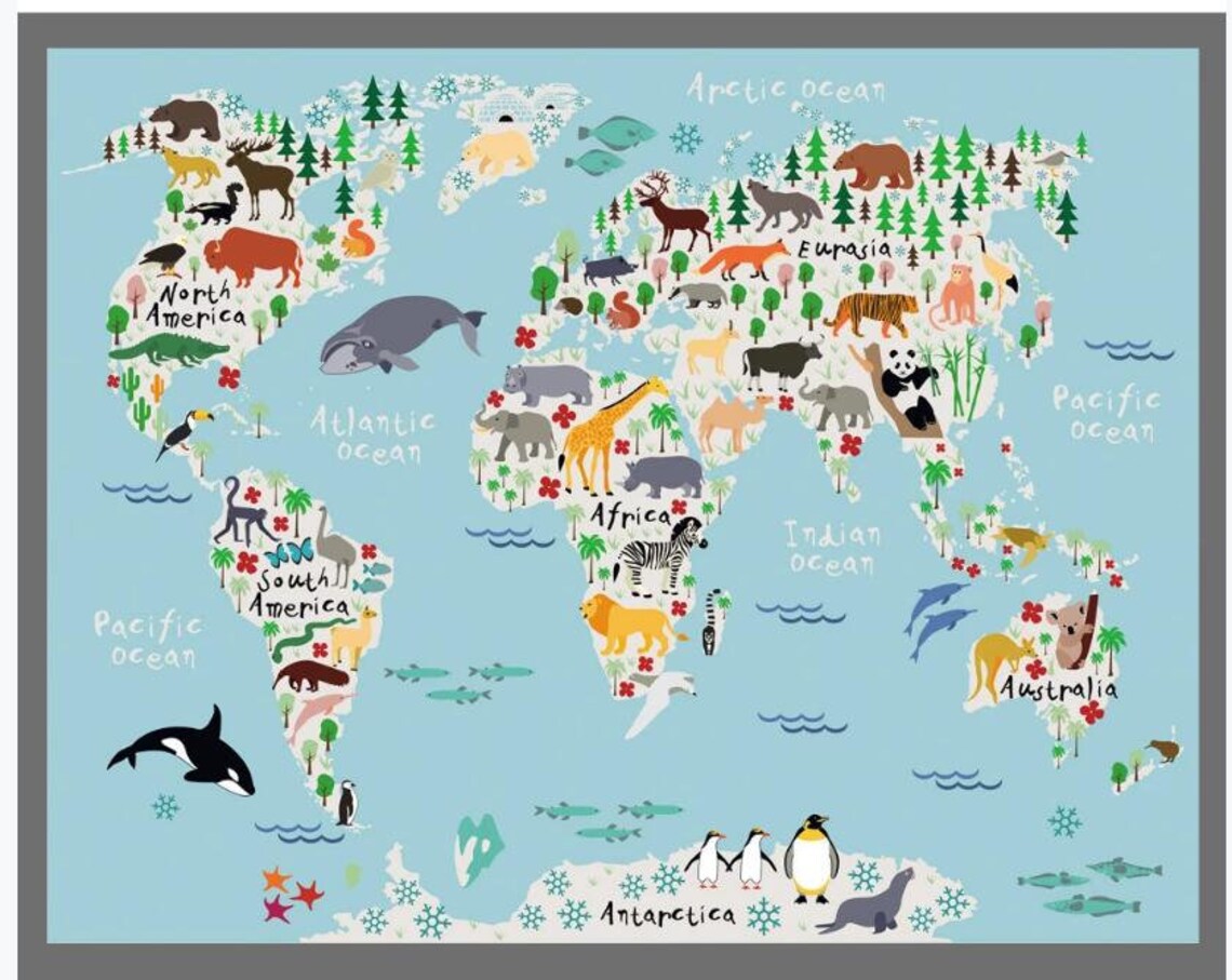 Safari Cartoon World Map Nursery Wallpaper World Map Cartoon | Etsy
