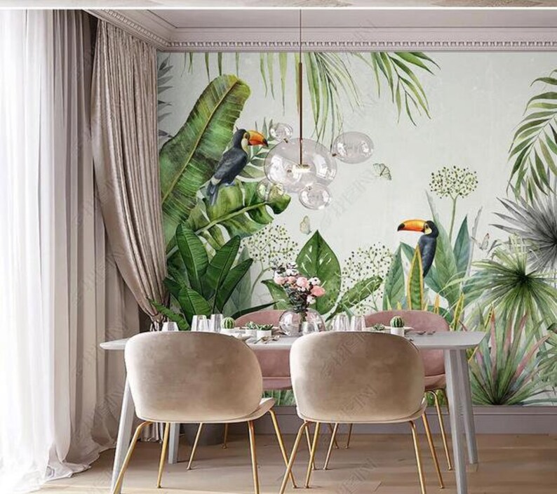 Tropical Plants Wallpaper Wall Mural Tropical Leaves and - Etsy