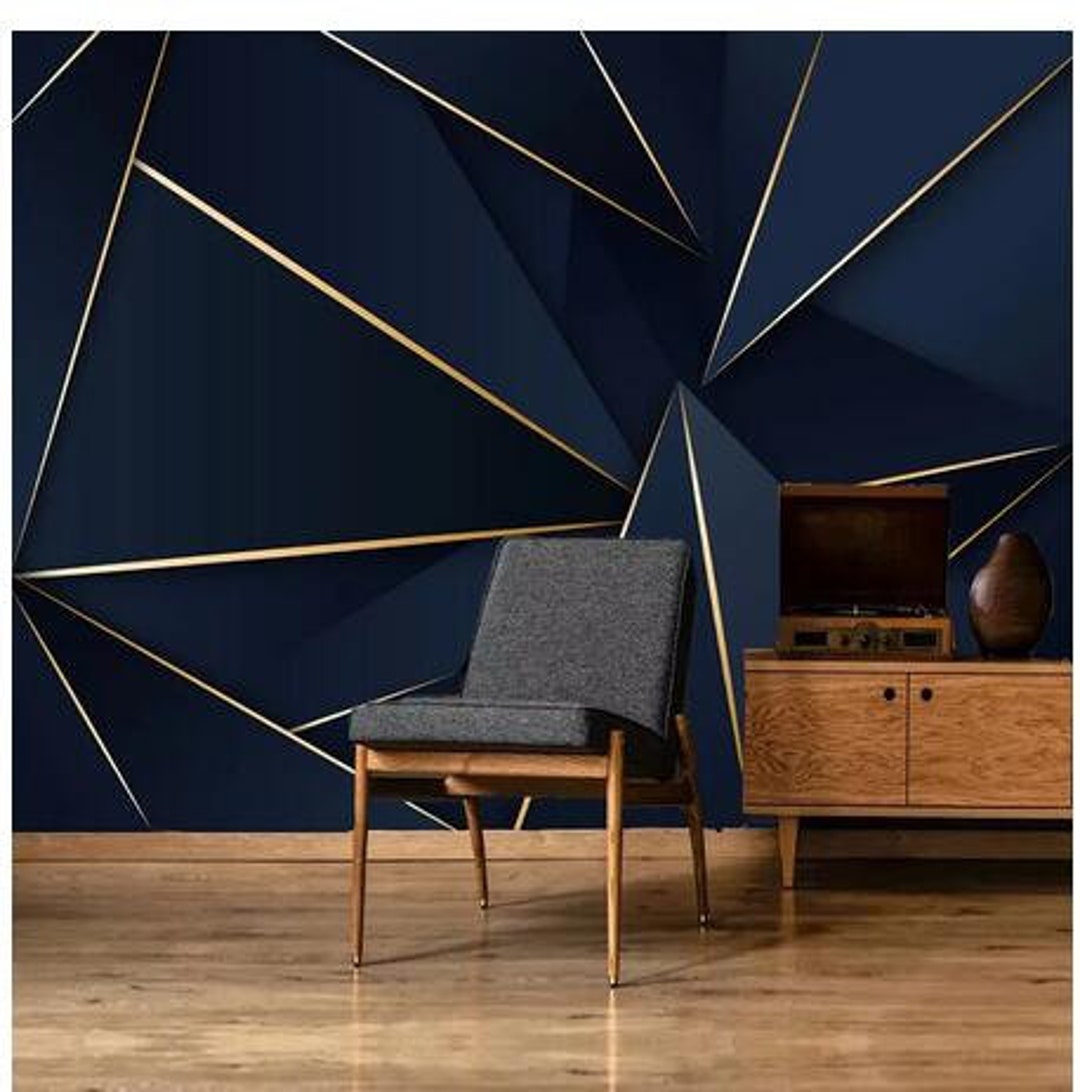 Light Luxury Abstract Yellow Lines Blue Mural Wallpaper for - Etsy