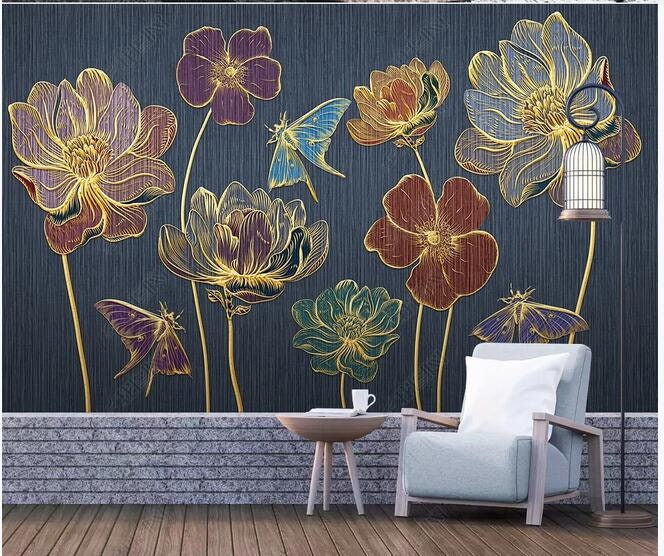 Custom Mural Wallpaper 3D Embossed Golden Line Drawing Plant | Etsy