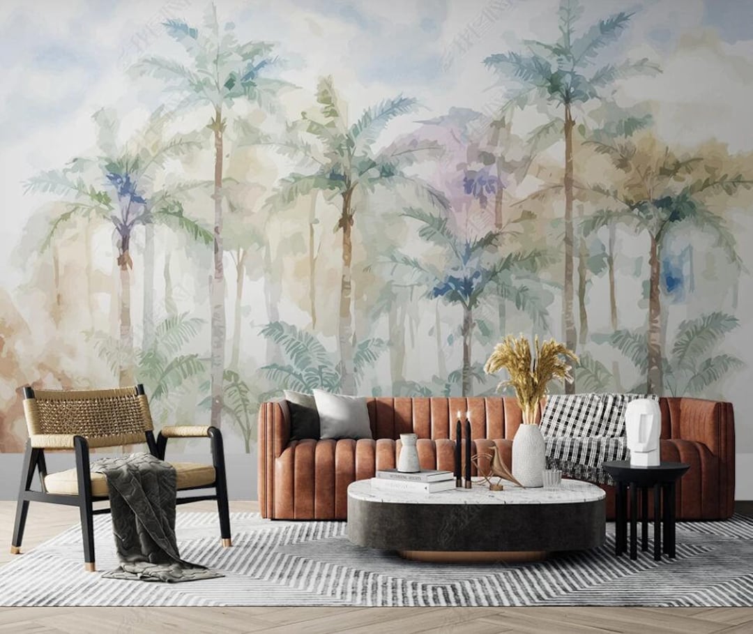 Watercolor Tropical Plants Coconut Tree Jungle Wallpaper Wall Mural - Etsy