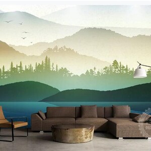 Ombre Mountains Trees Forest Mural Wallpaper Handpainted Pine - Etsy