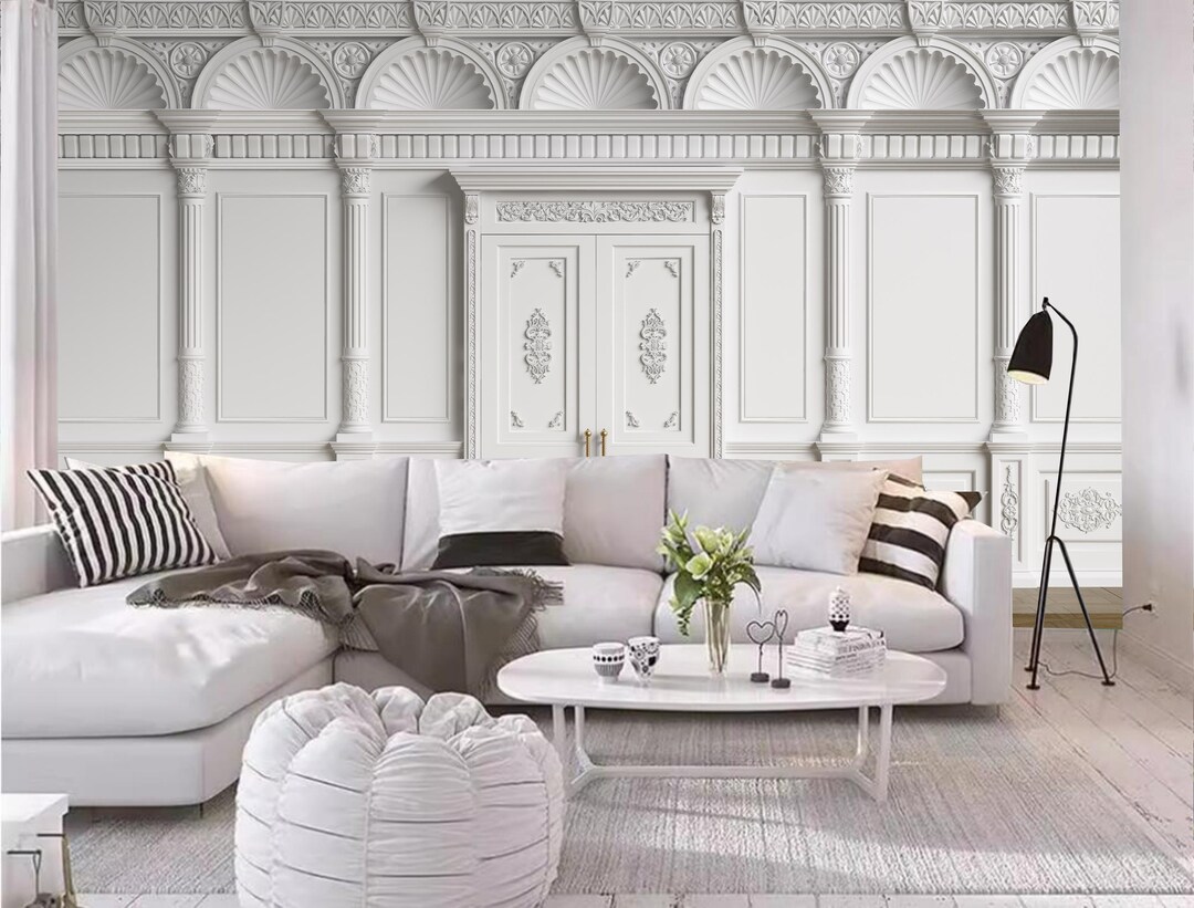 3D White Ornated Mouldings and Classic Cornice Wallpaper Wall Mural ...