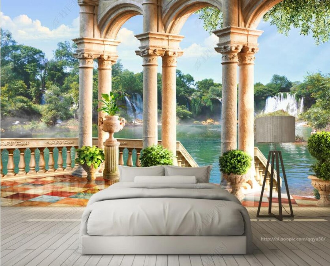 3D European Style Roman Column River Plants Beautiful Scenety Wallpaper ...