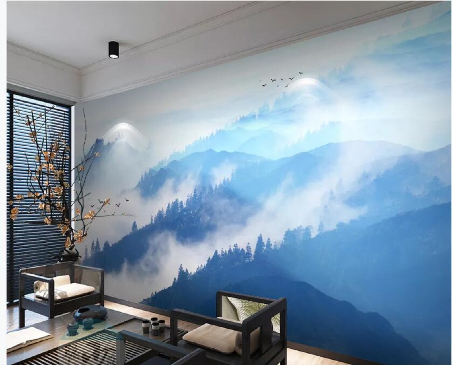 Blue Mountains With Trees Forest Mural Wallpaper Handpainted | Etsy