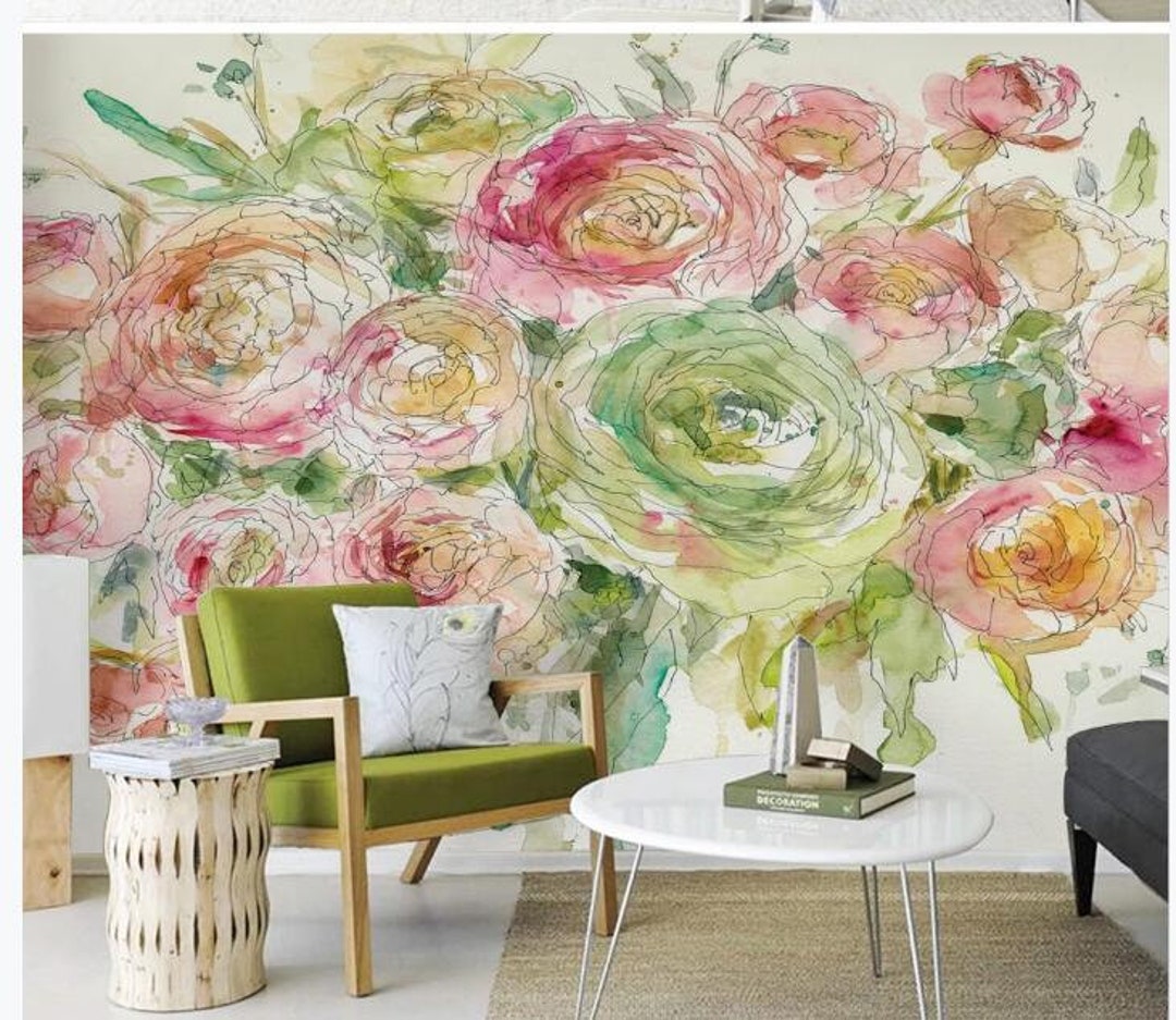 Watercolor Oil Painting Colorful Rose Pink and Green Rose Wallpaper ...