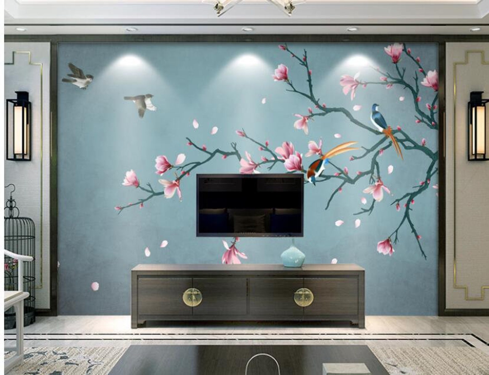 Chinoiserie Hanging Pink Plum Tree Wallpaper Flying Birds - Etsy