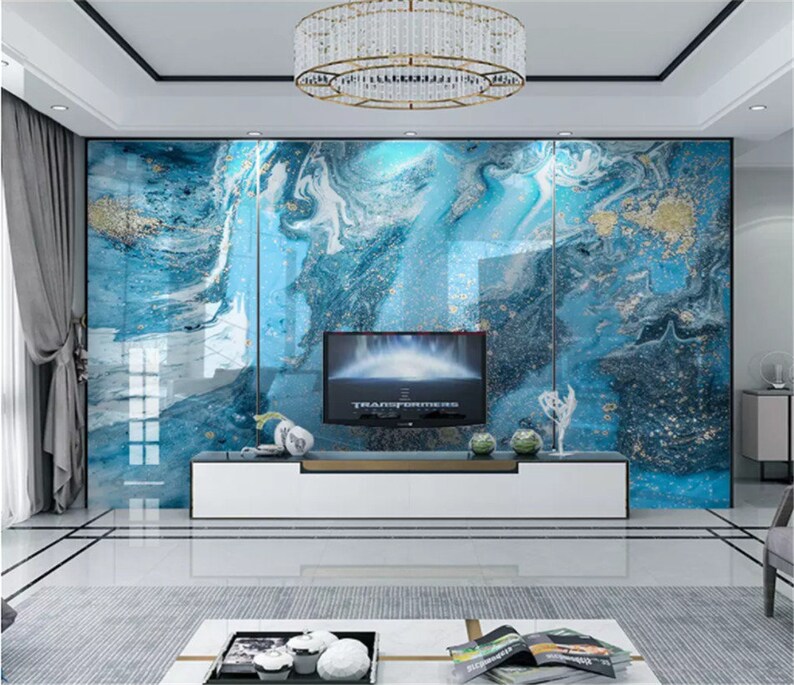 Modern Wallpaper Blue Abstract Marble Textured Mural Wallpaper - Etsy
