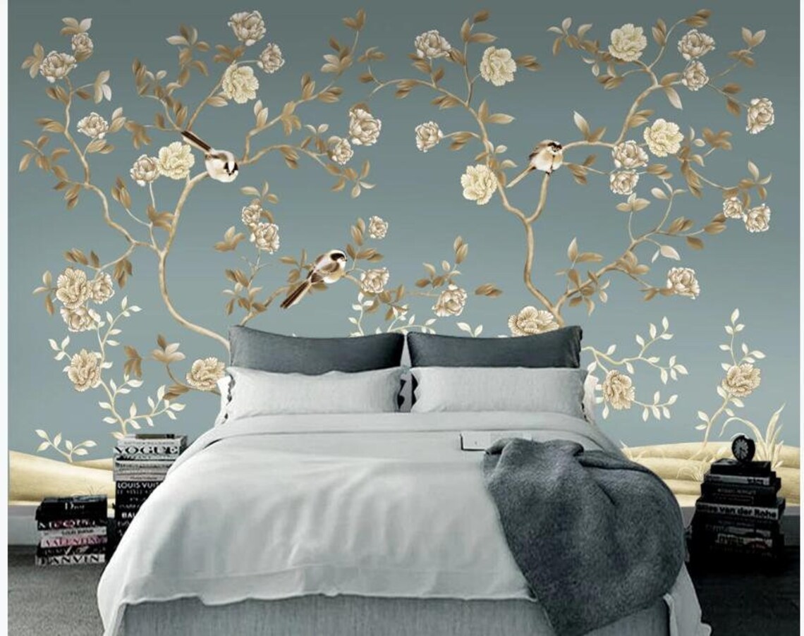 Chinoiserie Vine Flower Tree Wallpaper Handpainted Vivid - Etsy
