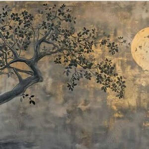 Abstract Golden Background Huge Tree With Moon Wallpaper Home Decor ...