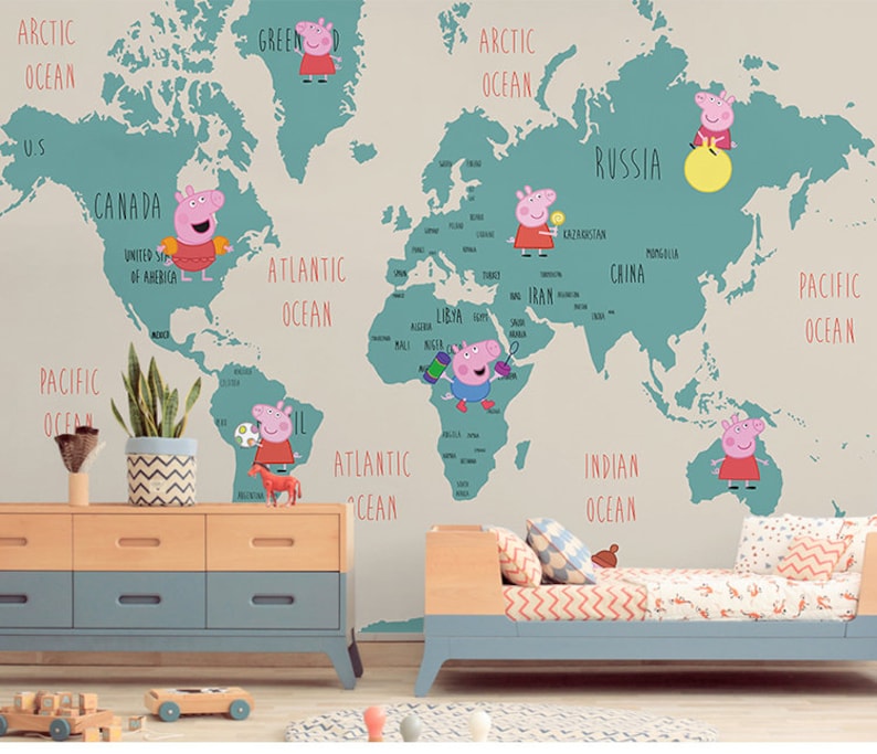 Cartoon World Map Peppa Pig Nursery Wallpaper World Map - Etsy