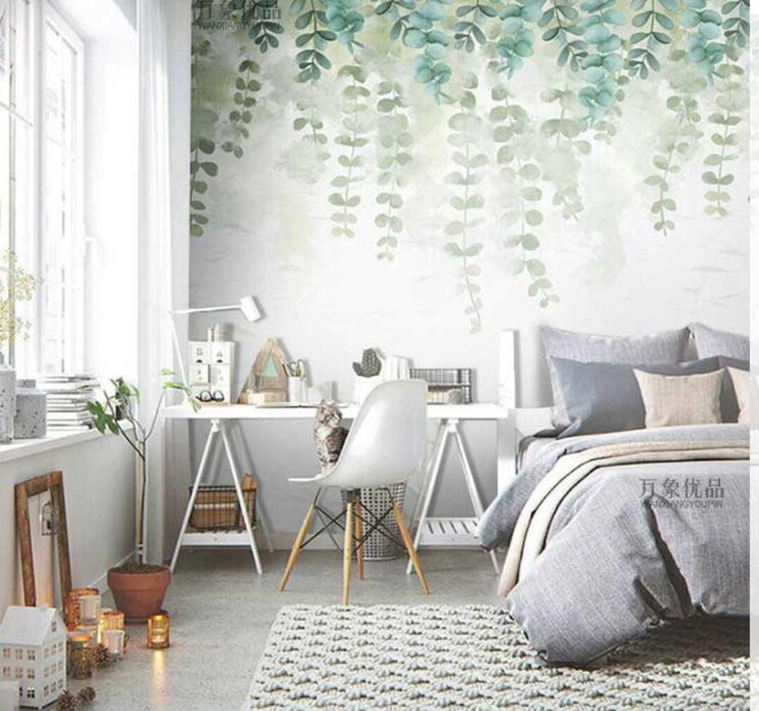 Fresh Hanging Rattan Wallpaper, Watercolor Tropical Leaves Wall Murals ...