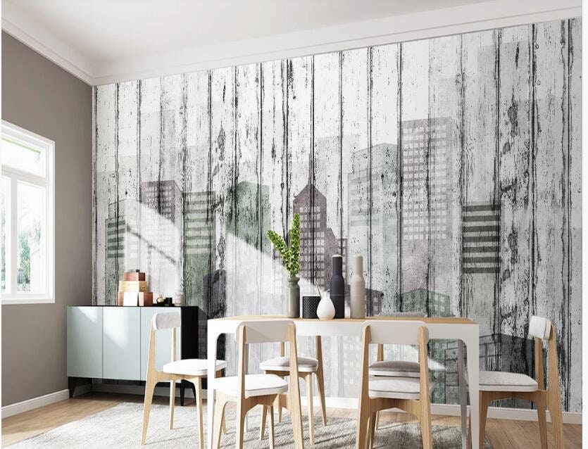Hand Painted Wood Buildings Wallpaper Simple City Retro | Etsy
