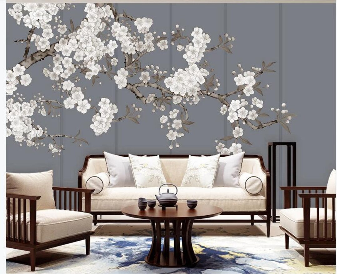 Chinoiserie Hanging Magnolia Tree Wallpaper, Handpainted Brushwork ...