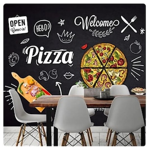 Black Hand Painted Pizza Shop Restaurant Menu Dining Room Wallpaper ...